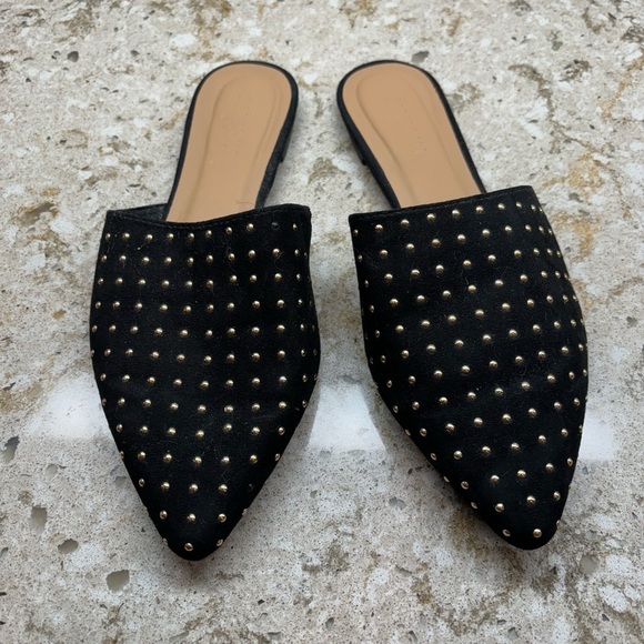 Shoes | Pointed Toe Black Suede Gold Studded Slip On Mules 7 | Poshmark
